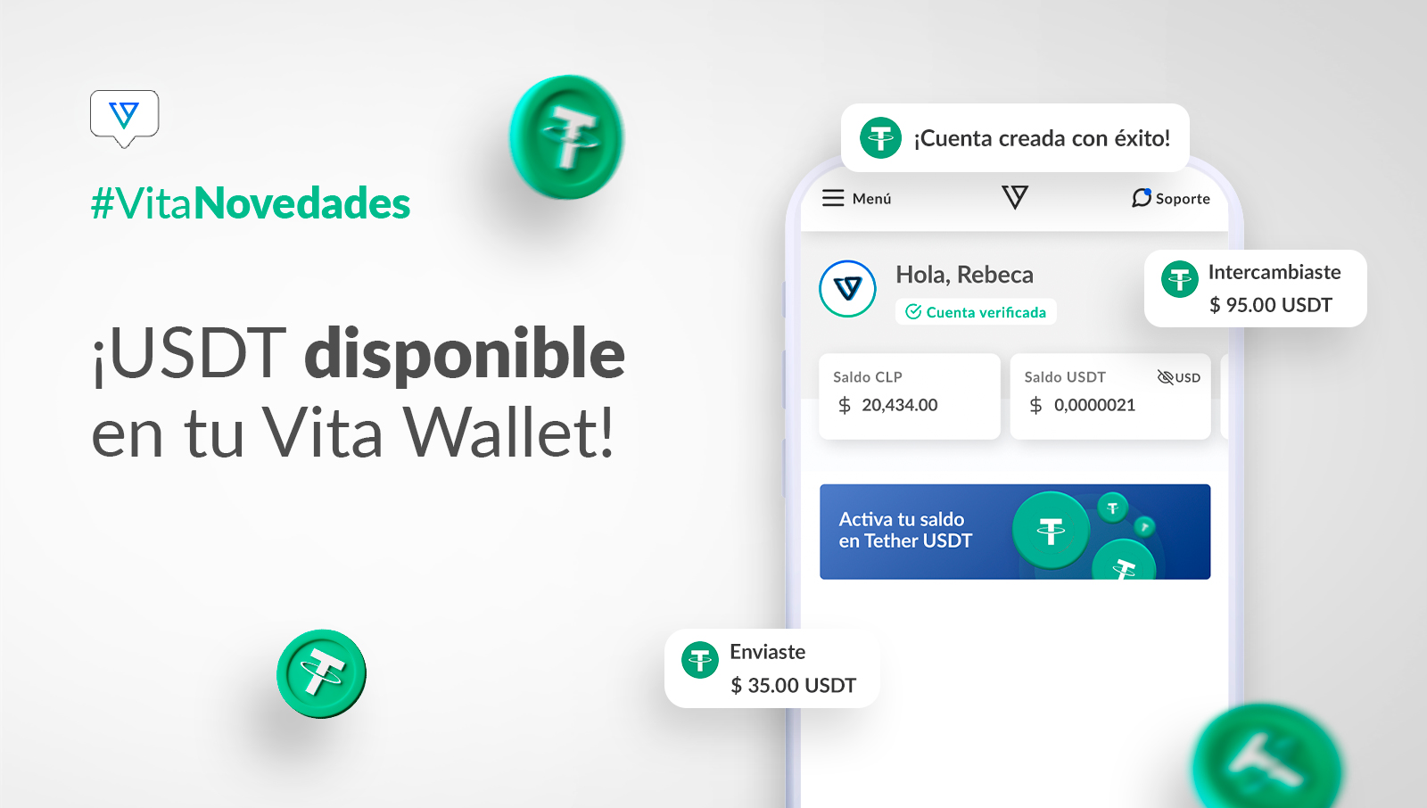 Recibe USDT en tu billetera digital - Vita Wallet